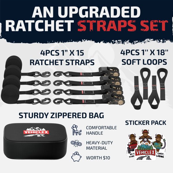4 Ratchet Straps Set (1" x 15', 2200lbs BS) - Soft Loops, Coated S ...